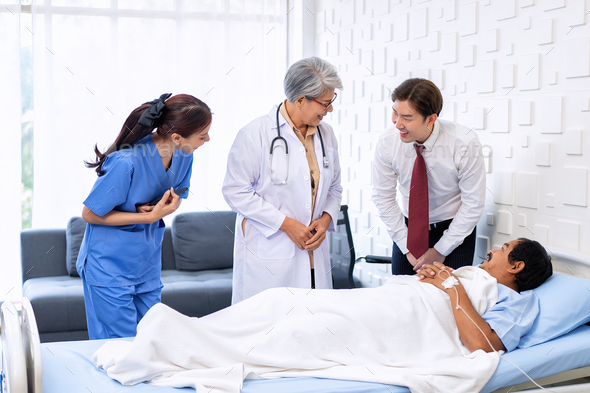 Hospital treatment room relative visit patient lay on bed doctor ...