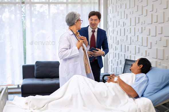 Hospital treatment room relative visit patient lay on bed doctor ...