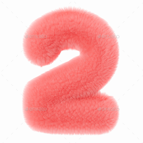 Pink and fluffy 3D number two, isolated on white background. Furry ...