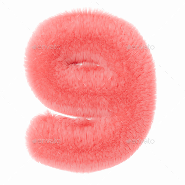 Pink and fluffy 3D number nine, isolated on white background. Furry ...