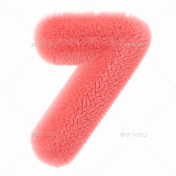 Pink and fluffy 3D number seven, isolated on white background. Furry ...
