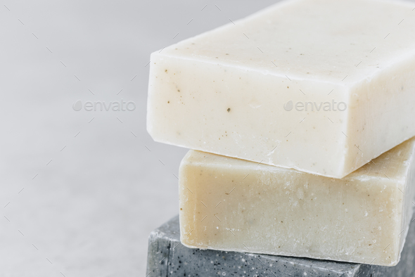 Soap. Organic soap bars. Stack of natural soap bars on gray stone ...
