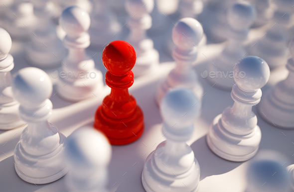 Red chess pawn among white pawns . Leadership concept. 3d rendering ...