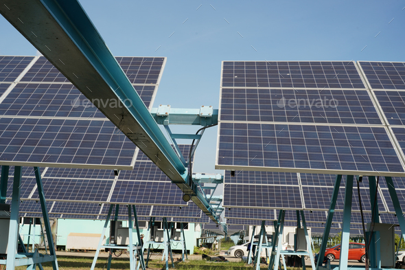 Solar power station, solar farm with electricity inverter Stock Photo ...