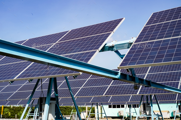 Solar power station, solar farm with electricity inverter Stock Photo ...