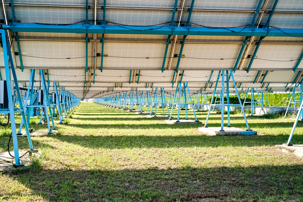 Solar power station, solar farm with electricity inverter Stock Photo ...