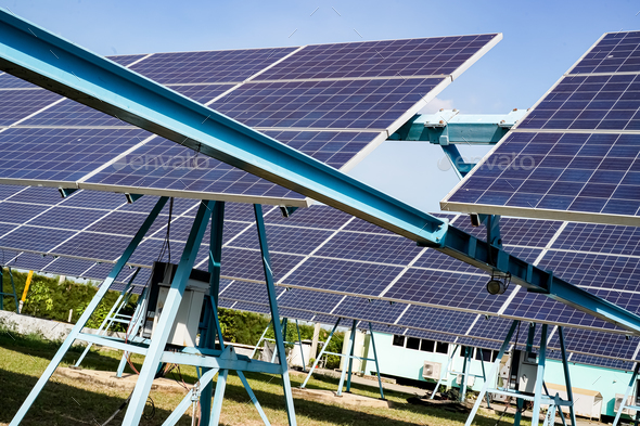 Solar power station, solar farm with electricity inverter Stock Photo ...