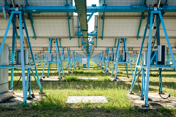 Solar power station, solar farm with electricity inverter Stock Photo ...