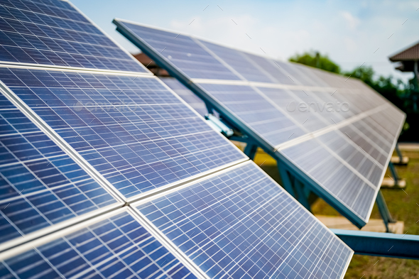 Solar power station, solar farm with electricity inverter Stock Photo ...