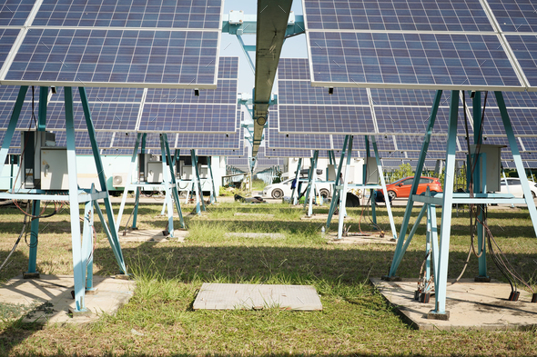 Solar power station, solar farm with electricity inverter Stock Photo ...