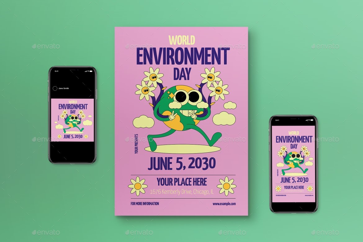 Pink Flat Design World Environment Day Flyer Set, Print Templates ...