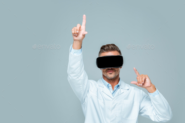 scientist in virtual reality headset touching something isolated on ...