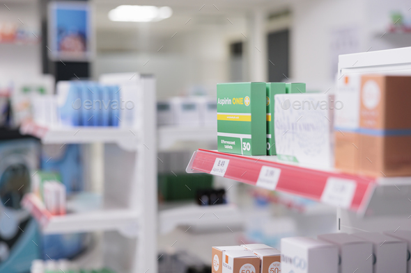 Healthcare retail store with pharmaceutical products and drugs packages ...
