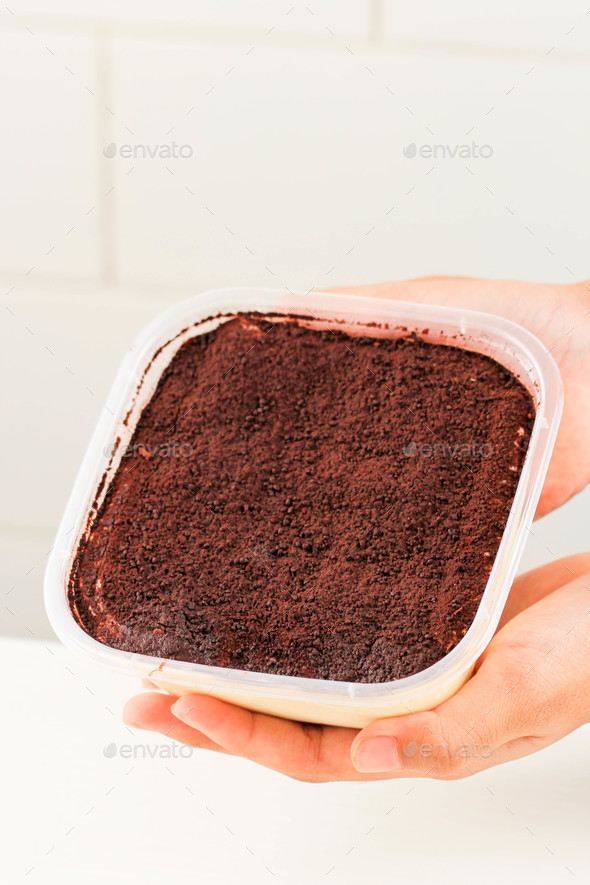 Classic Tiramisu on Plastic Container Stock Photo by ikadapurhangus