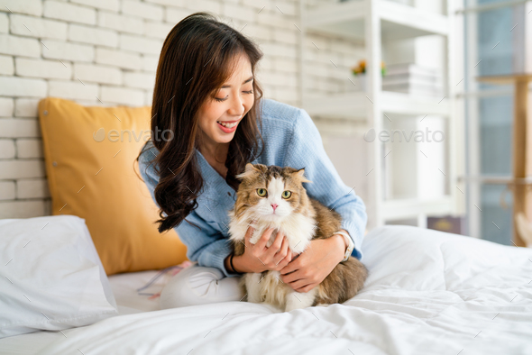 Pretty Asian woman hug cat and sit on bed with happy emotion while cat ...