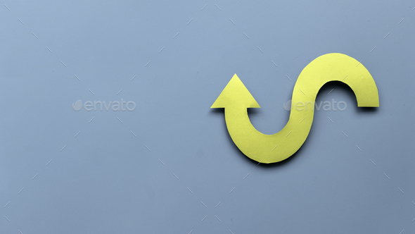 Yellow arrow pathway sign. Future life with direction or obsctacle ...