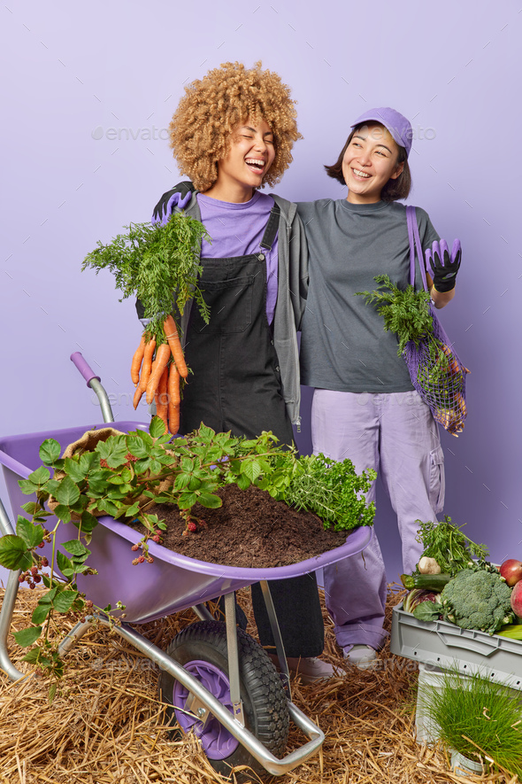 Cheerful overjoyed two women embrace and laugh positively glad to grow ...