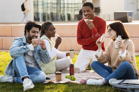 Smiling millennial international modern students study together, rest ...