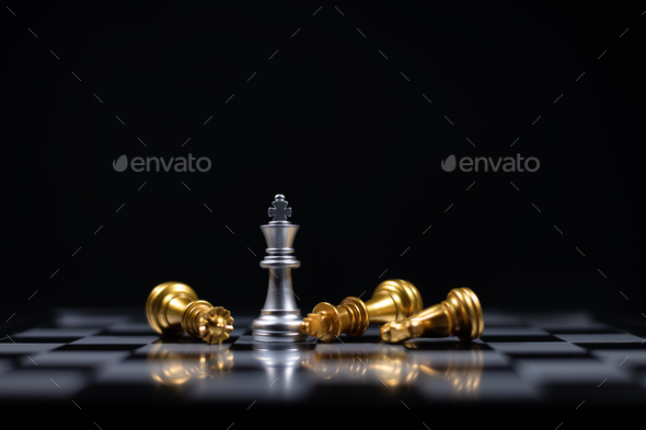Chess board game between silver team and golden team by king golden ...