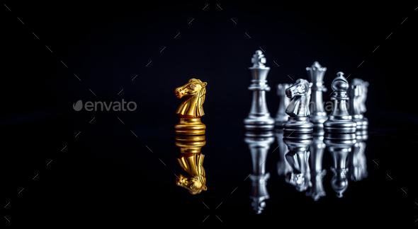 Chess board game between silver team and golden team by king golden ...