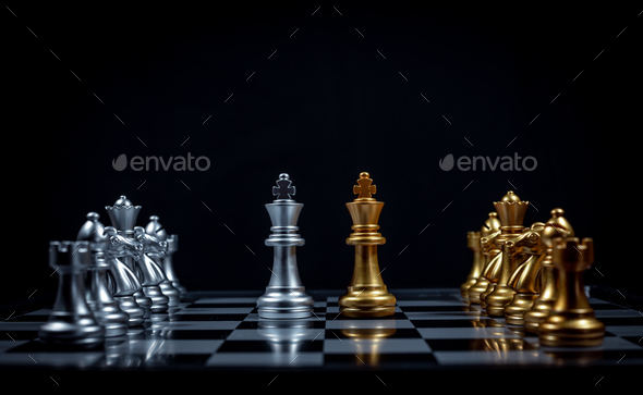 Chess board game between silver team and golden team by king golden ...