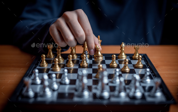 Chess board game between silver team and golden team by king golden ...