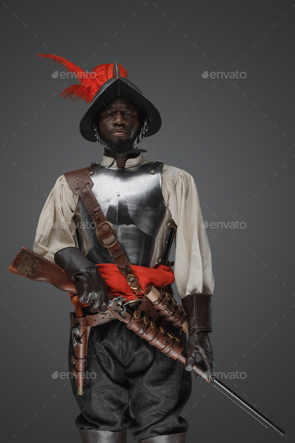 Black 18th century soldier with flintlock musket Stock Photo by fxquadro