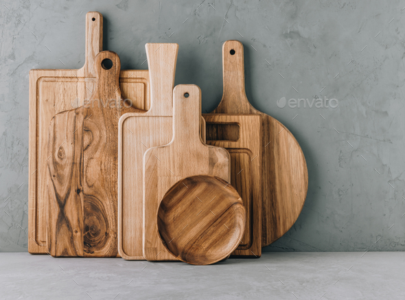 Kitchen utensils background with set of wooden cutting boards Stock ...