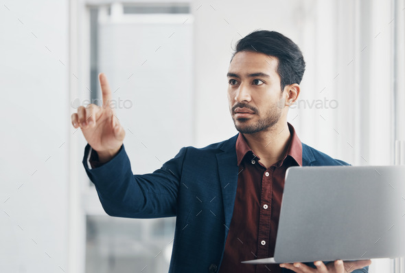 Virtual, laptop or interactive person point at architecture engineering ...