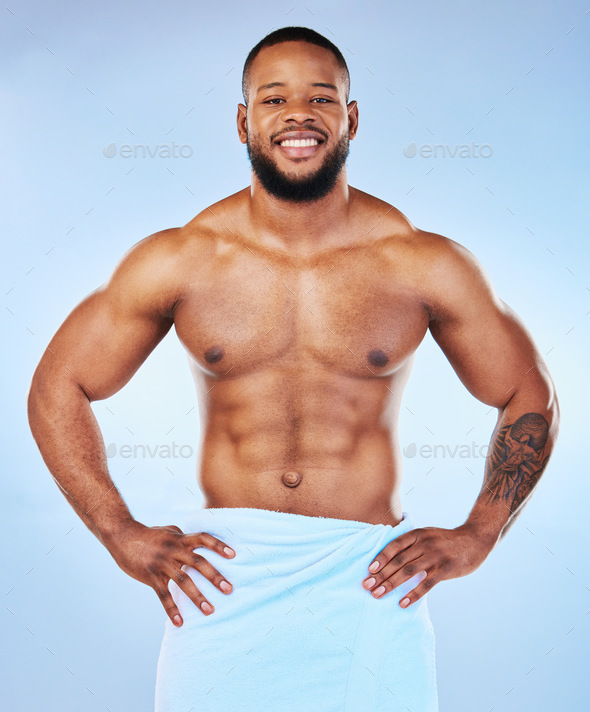 Exercise, shower towel and portrait of a black man with happiness from ...