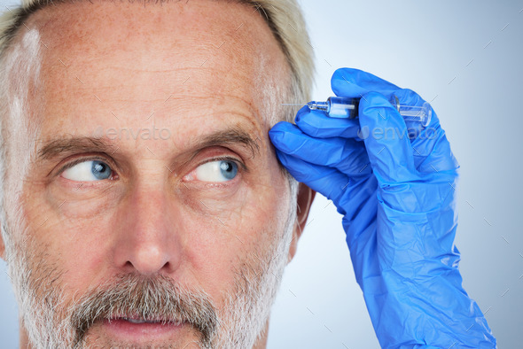 Botox, face closeup and surprise of a man in a studio doing plastic ...