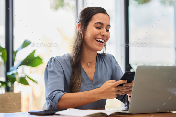 Phone, happy and business woman laughing while texting in office ...