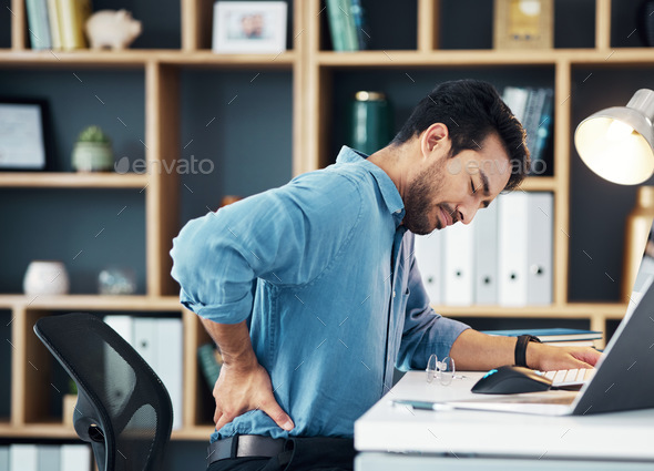 Back pain, business man and office stress of muscle injury, health risk ...