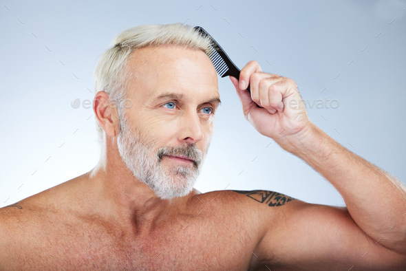 Old man, comb hair and grooming, beauty and haircare with hygiene and ...