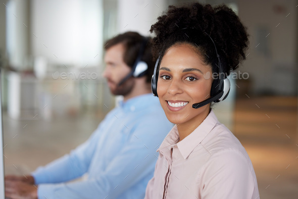 Smile, customer support and portrait of woman at call center for b2b ...