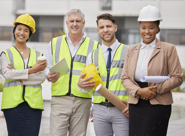 Construction site, portrait and team at a building for planning ...