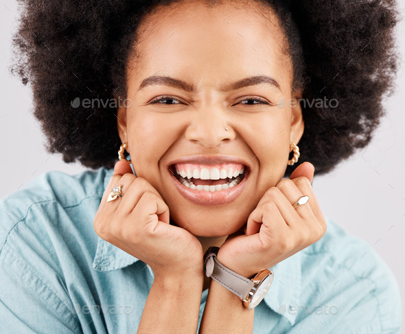 Face, excited and portrait of black woman in studio with smile ...
