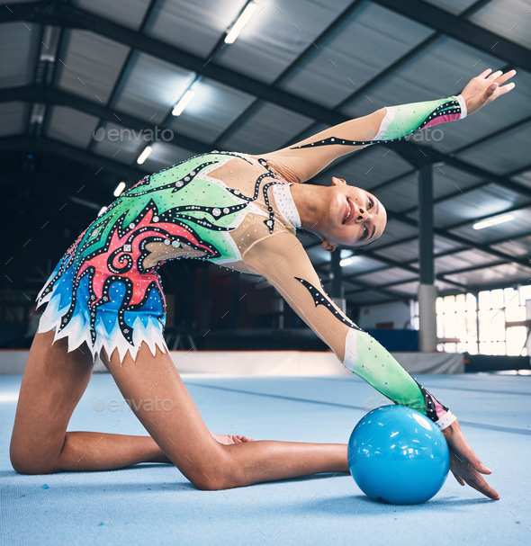 Flexible woman, gymnastics and ball for performance, competition ...