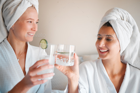 Spa, happy and friends cheers with a drink, luxury bonding and wellness ...