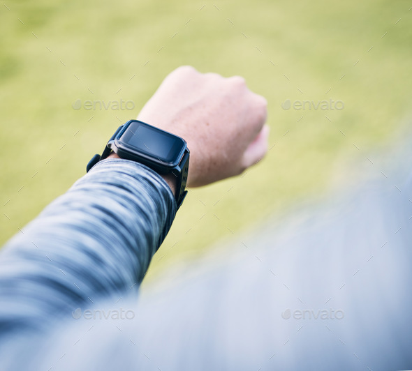 Hand, closeup and smartwatch for fitness, time and track progress after ...
