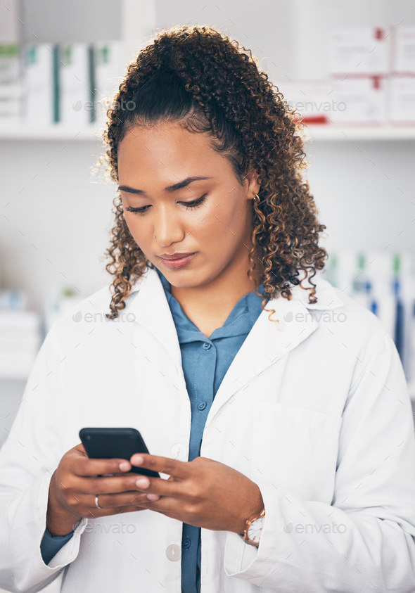 Pharmacist woman, phone and texting in store for contact, email ...