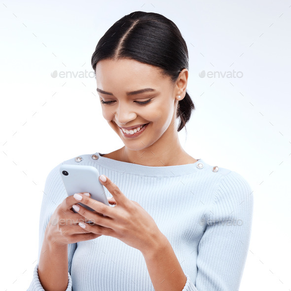 Phone, typing and happy woman isolated on a white background for social ...