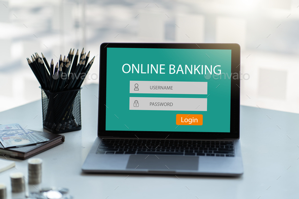 Online banking login, laptop with online banking screen,internet ...