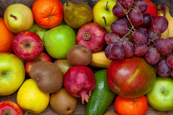 Fruit basket, set of different fruits top view. Vitamin food. Bananas ...