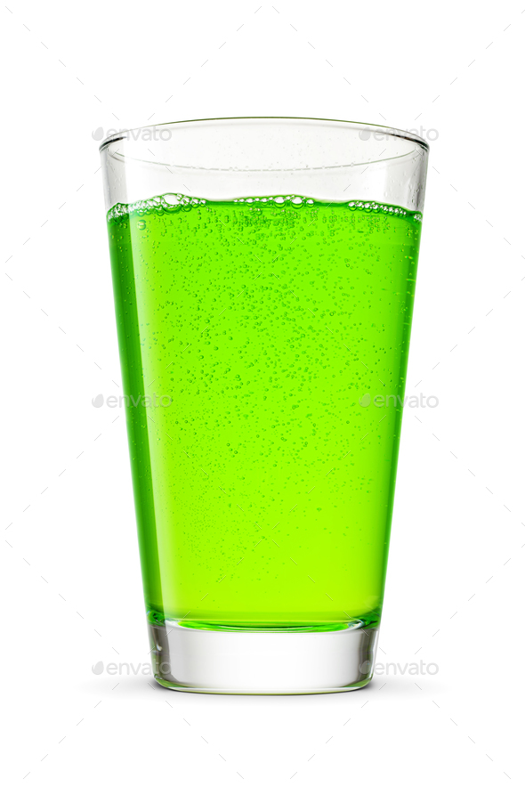 Glass of green soda soft drink isolated on white background. Taste of ...