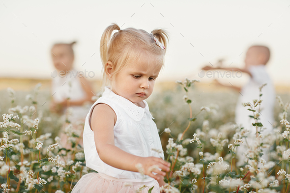 happy kids having fun in a flowering field. happy childhood. Stock ...