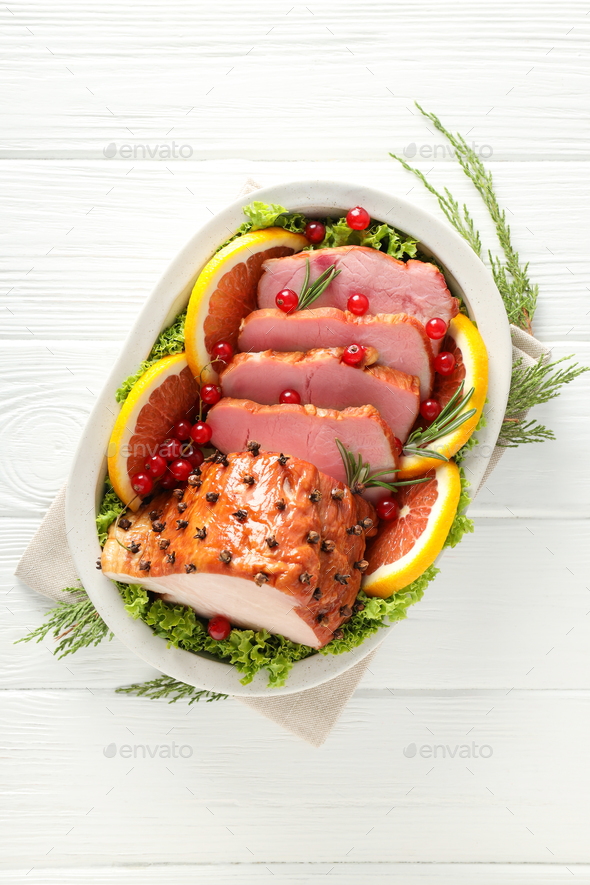 Concept of tasty food, meat, Ham, top view Stock Photo by AtlasComposer