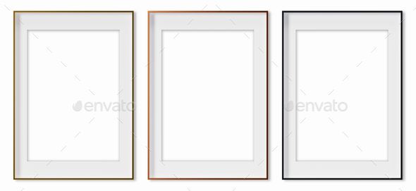 Set of vertical picture frames, isolated on white background. Golden ...