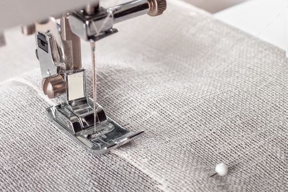 Modern Sewing Machine Presser Foot With Linen Fabric And Thread ...