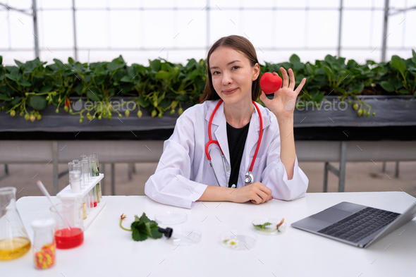 Fruit scientist researcher checking quality strawberry plant improve ...